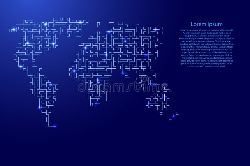 World Map from Blue Pattern of the Maze Grid and Glowing Space Stars ...
