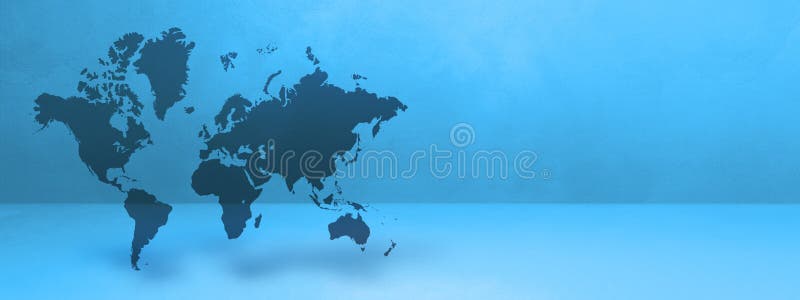 World Map on Blue Wall Background. 3D Illustration. Horizontal Banner ...