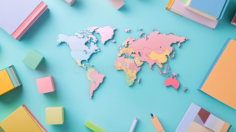 World Map with Books and Blocks on Blue Background Stock Illustration ...