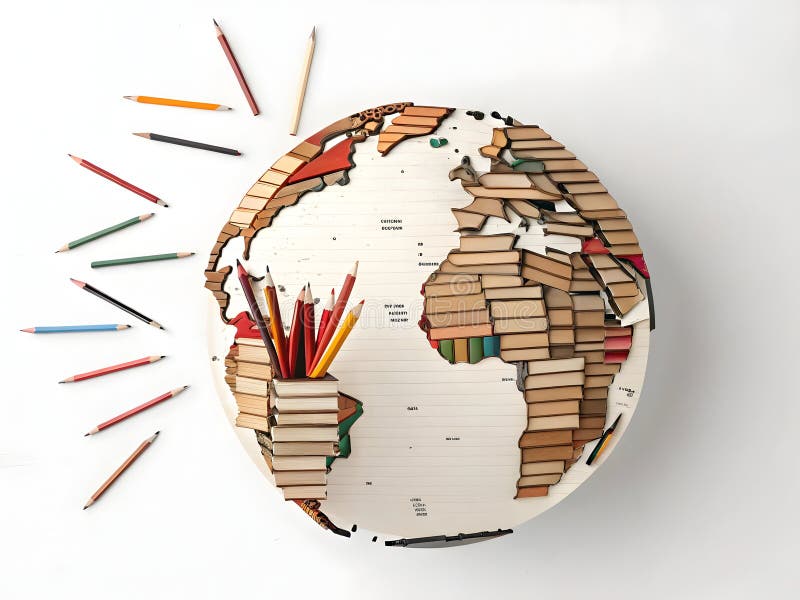World Map with Books and Pencils Education Concept Stock Illustration ...