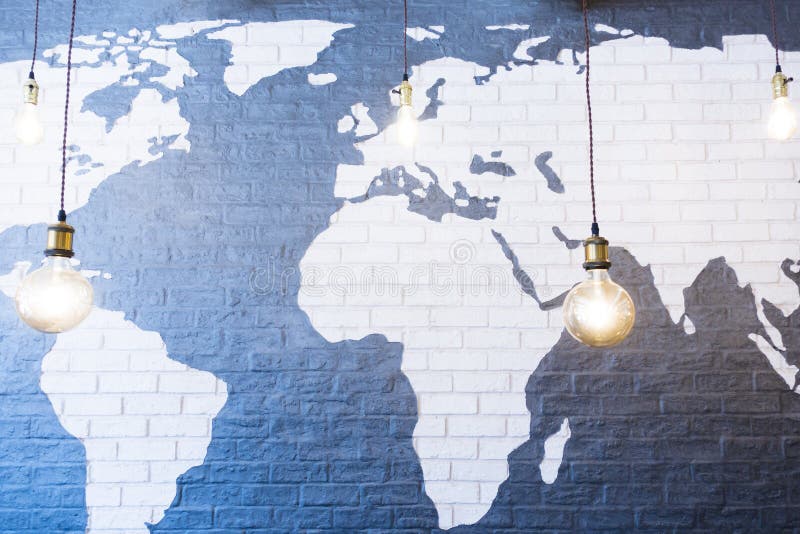 World Map on Brick Wall with Light Bulb, Modern Decoration or Interior ...