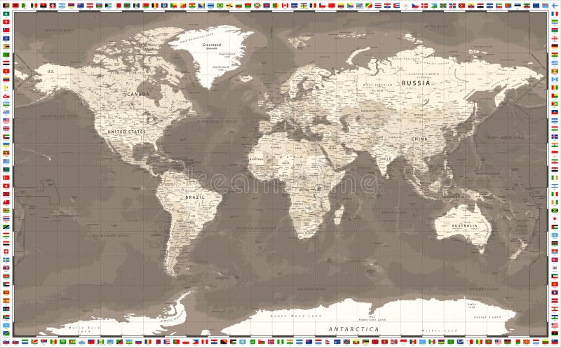 World Map in Brown Shades. and All Flags. Vector Illustration Stock ...