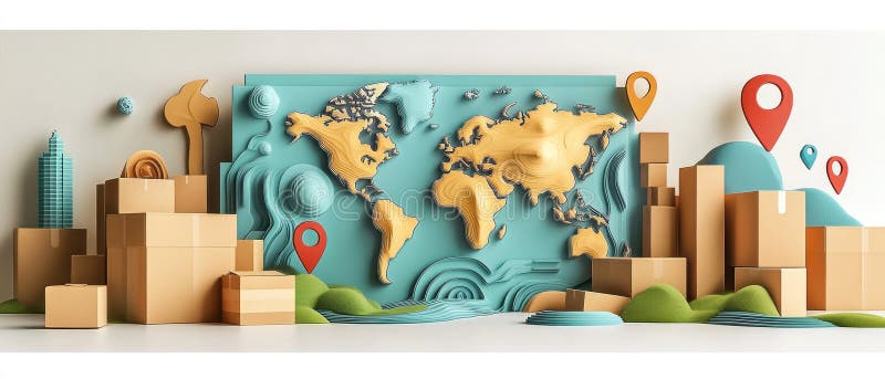 ABSTRACT 3D WORLD MAP FEATURING CARDBOARD BOXES and LOCATION PINS Stock ...