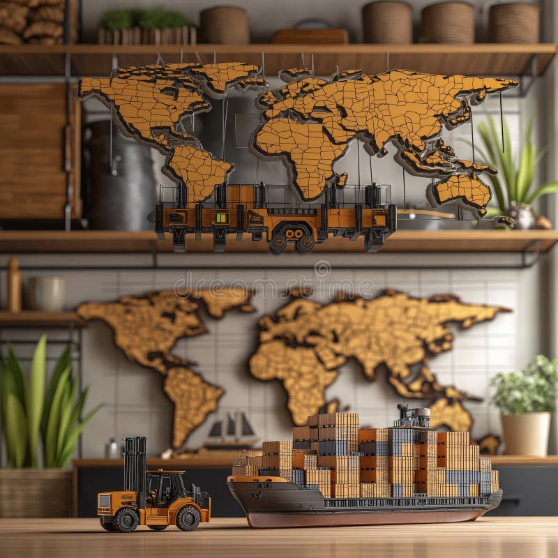 World Map and Cargo Ship Model in Modern Workspace with Industrial ...