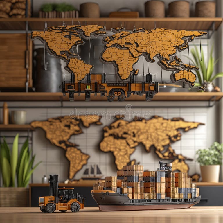 World Map and Cargo Ship Model in Modern Workspace with Industrial ...