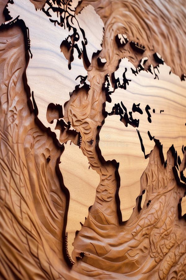 World Map Carved in Wood with Natural Grain Stock Illustration ...