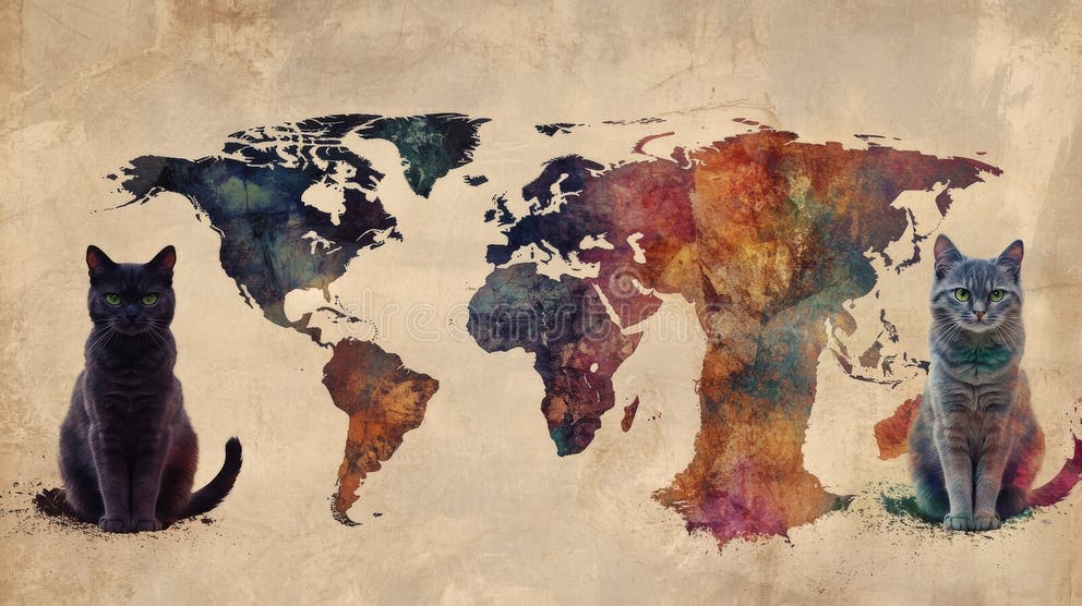 World Map with Cat Faces and Artistic Watercolor Splashes. Stock Photo ...