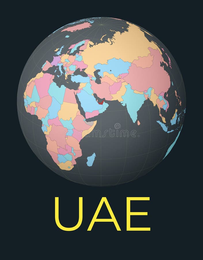World map centered to UAE. stock vector. Illustration of emirian ...