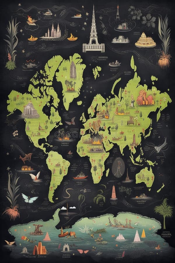 World Map on Chalkboard with Hand-drawn Elements Stock Illustration - Illustration of world ...