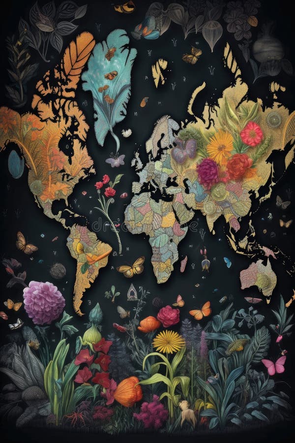 World Map on Chalkboard with Hand-drawn Elements Stock Illustration ...