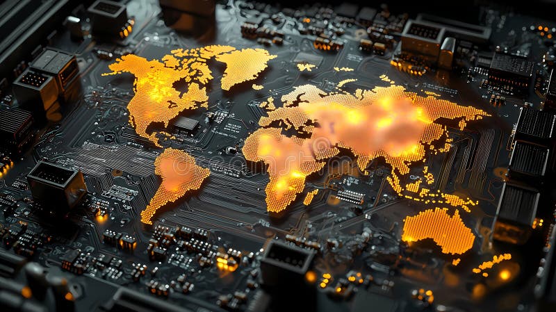 World Map Circuit Board Showing Global Communication Network Stock ...