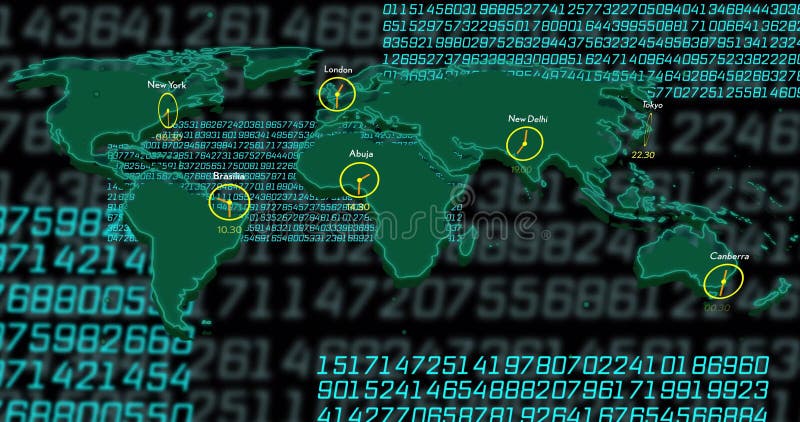 World Map with Clocks Showing Different Time Zones and Binary Code Animation Stock Footage ...