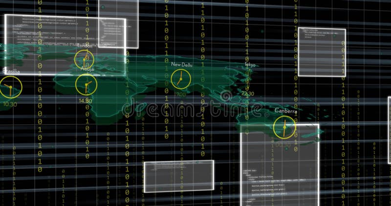World Map with Clocks Showing Different Time Zones and Binary Code Animation Stock Footage ...