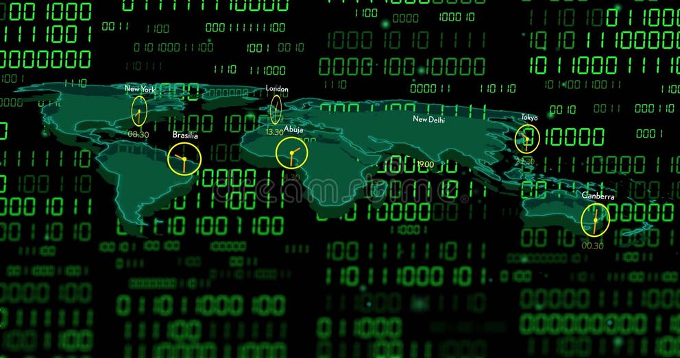 World Map with Clocks Showing Different Time Zones Over Binary Code ...