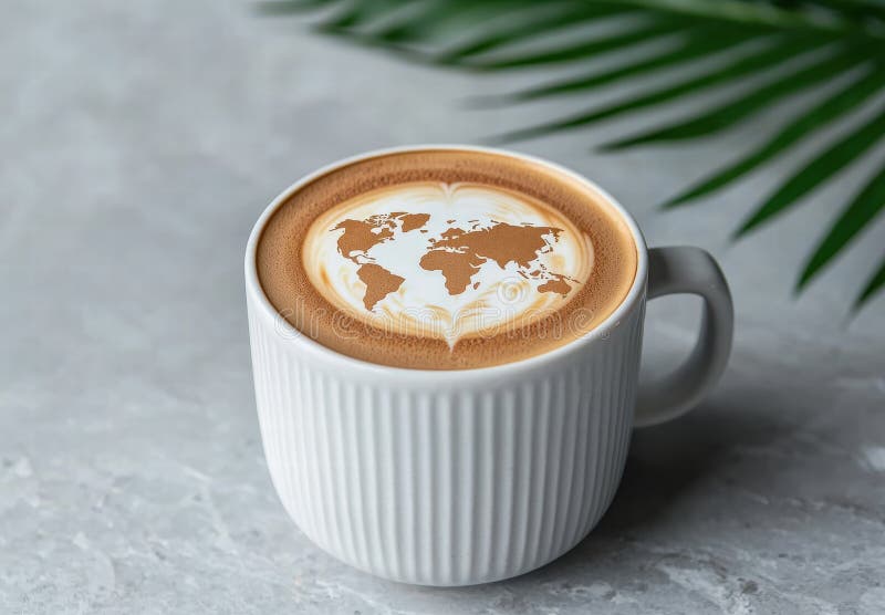World Map Coffee Art in White Mug Stock Illustration - Illustration of ...