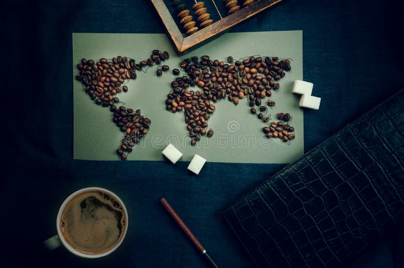 World Map of Coffee Beans, Cup . Trade and Globalization. Top View ...