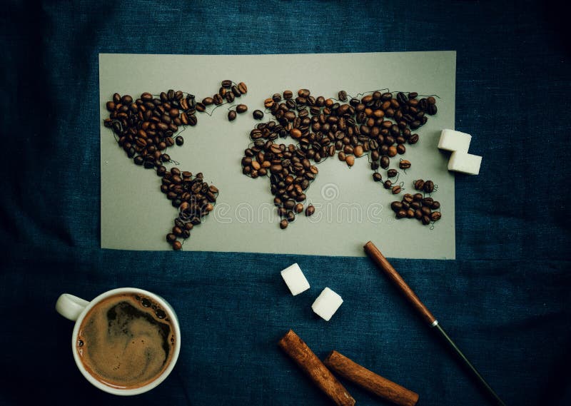 World Map of Coffee Beans, Cup . Trade and Globalization. Top View ...