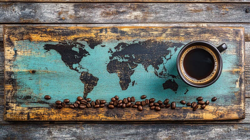 World Map Coffee Cup Beans Rustic Wood Background Stock Photos - Free ...