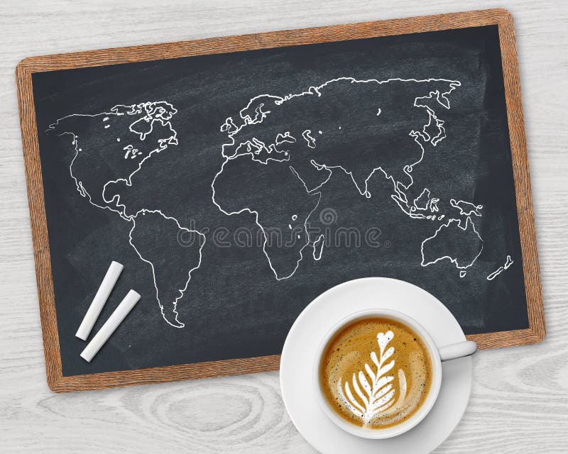 World map and coffee cup stock image. Image of drawing - 57908149