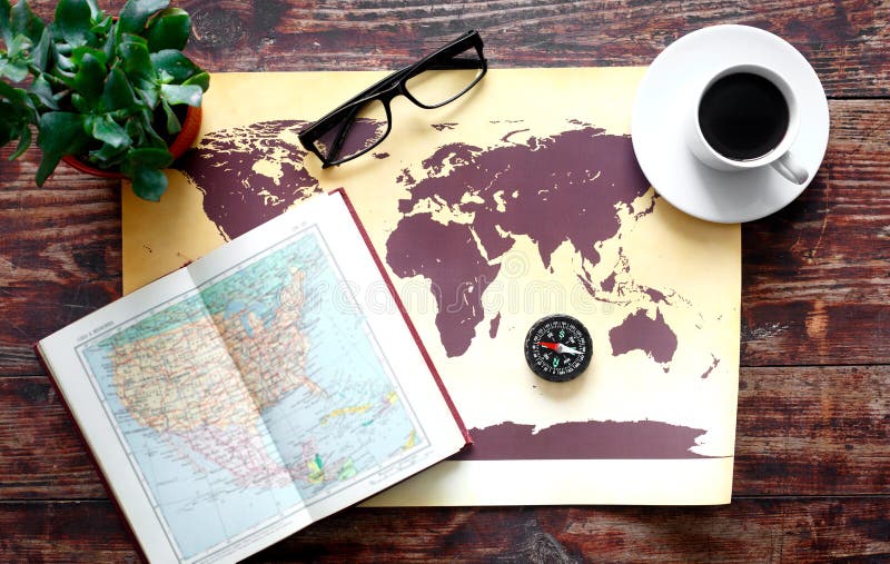 World Map with Coffee on Wooden Table Top View Stock Photo - Image of ...