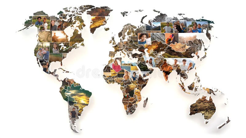 World Map Collage Composed of Diverse Human Portraits, Highlighting ...