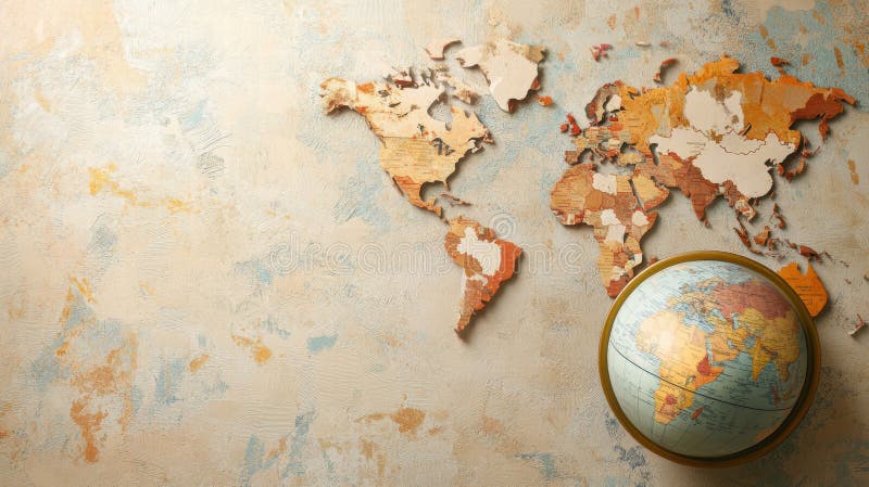 World Map Collage with a Globe Positioned beside it on a Rustic ...