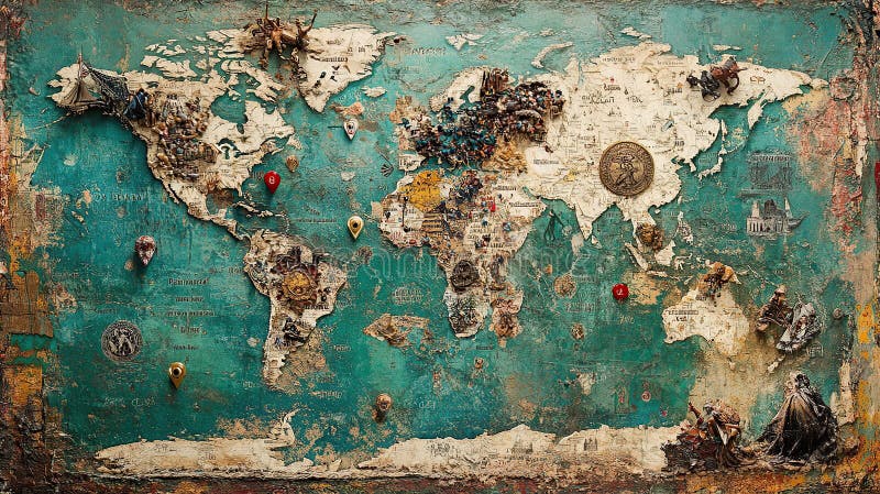 World Map Collage with Miniature Figurines and Objects Stock Photo ...