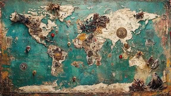 World Map Collage with Miniature Figurines and Objects Stock Photo ...
