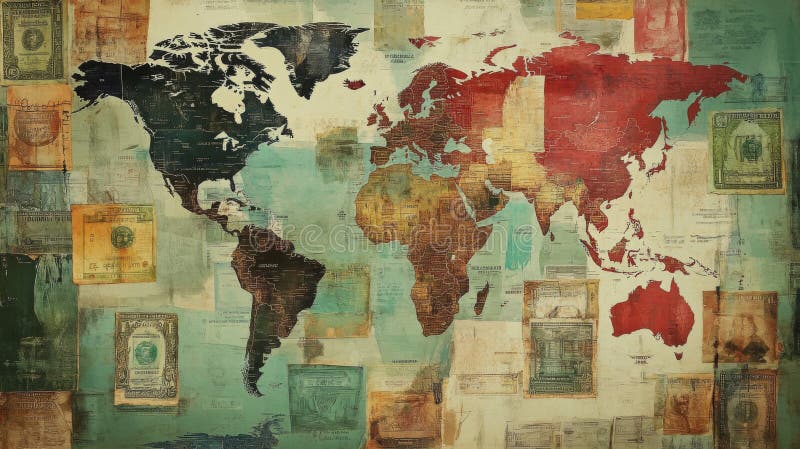 A World Map Collage with Vintage Money Fragments Stock Illustration ...