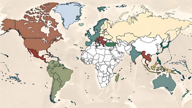 World Map Color-Coded by Regions or Categories with Simplified Design ...