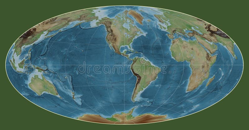 World Map. Colored Elevation. Eckert III Projection. Meridian: 9 Stock ...