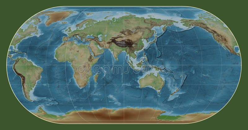 World Map. Colored Elevation. Eckert III Projection. Meridian: 9 Stock ...