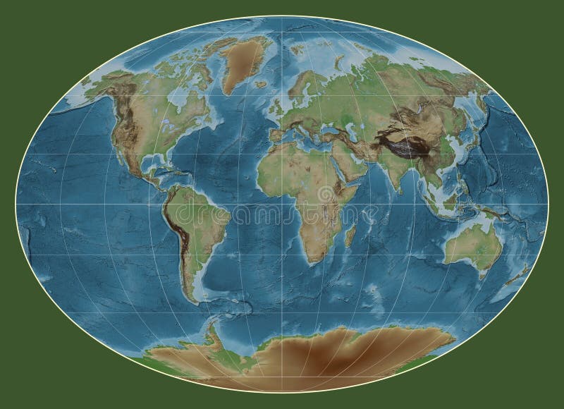 World Map. Colored Elevation. Fahey Projection. Meridian: 0 Stock ...