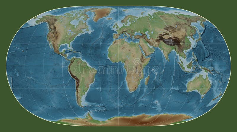 World Map. Colored Elevation. Natural Earth II Projection. Merid Stock ...