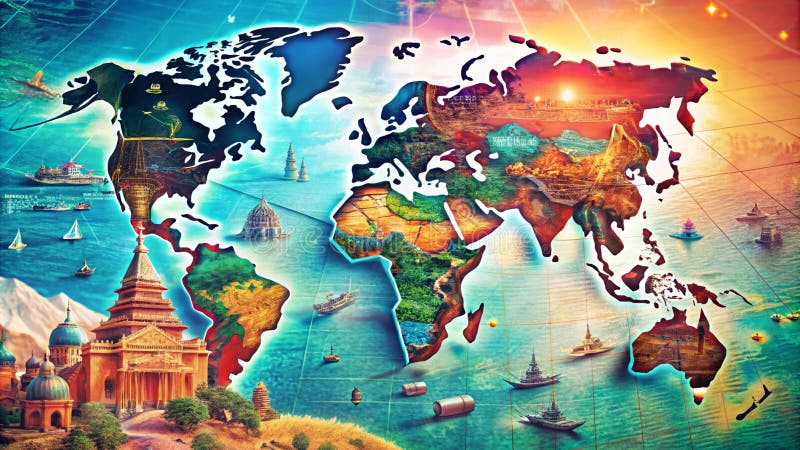 World Map with Colorful Collage of Various Landmarks Stock Illustration ...