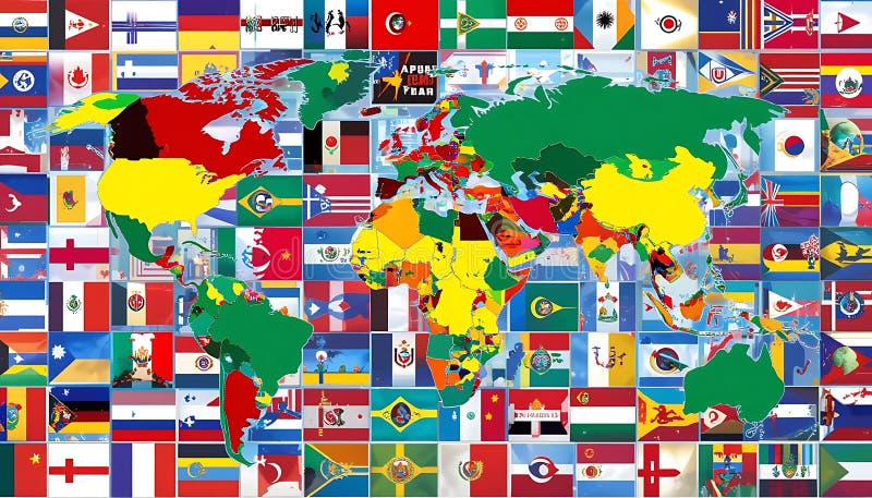 World Map with Colorful Flags of Countries in a Mosaic Pattern Stock ...