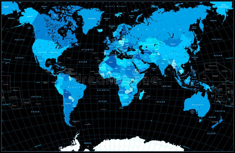 World Map in Colors of Blue on Black Stock Vector - Illustration of ...