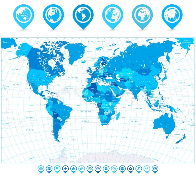 World Map in Colors of Blue and Map Pointers Stock Vector ...