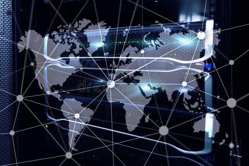 World Map with Communication Network on Server Room Background Stock ...