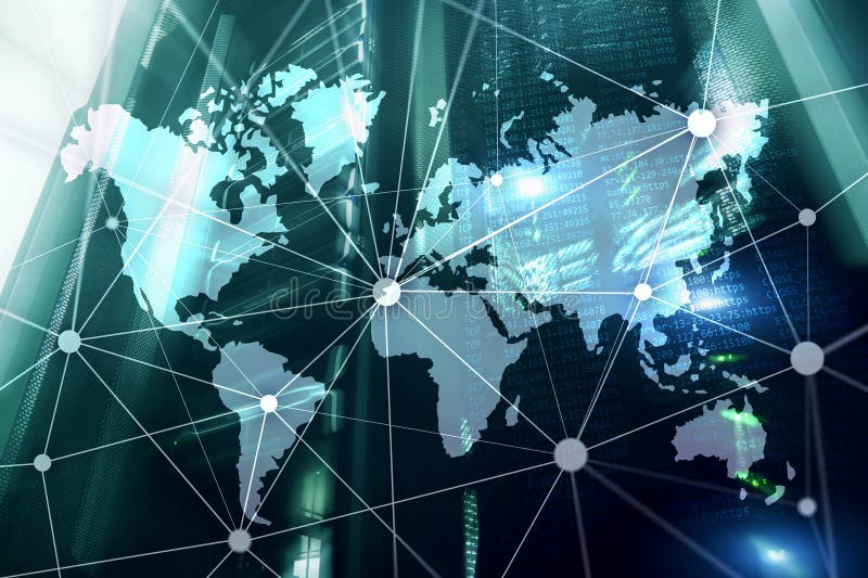 World Map with Communication Network on Server Room Background. Stock ...
