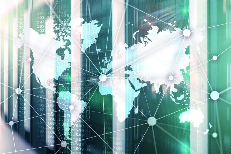 World Map with Communication Network on Server Room Background. Stock ...