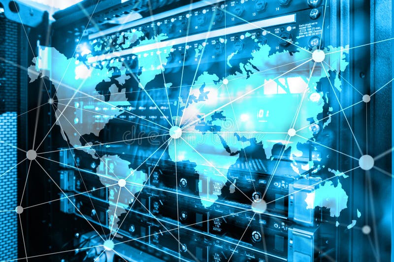 World Map with Communication Network on Server Room Background. Stock ...