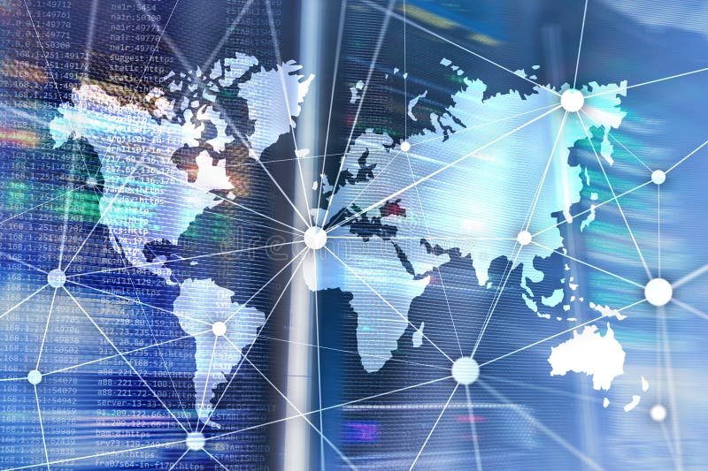 World Map with Communication Network on Server Room Background. Stock ...