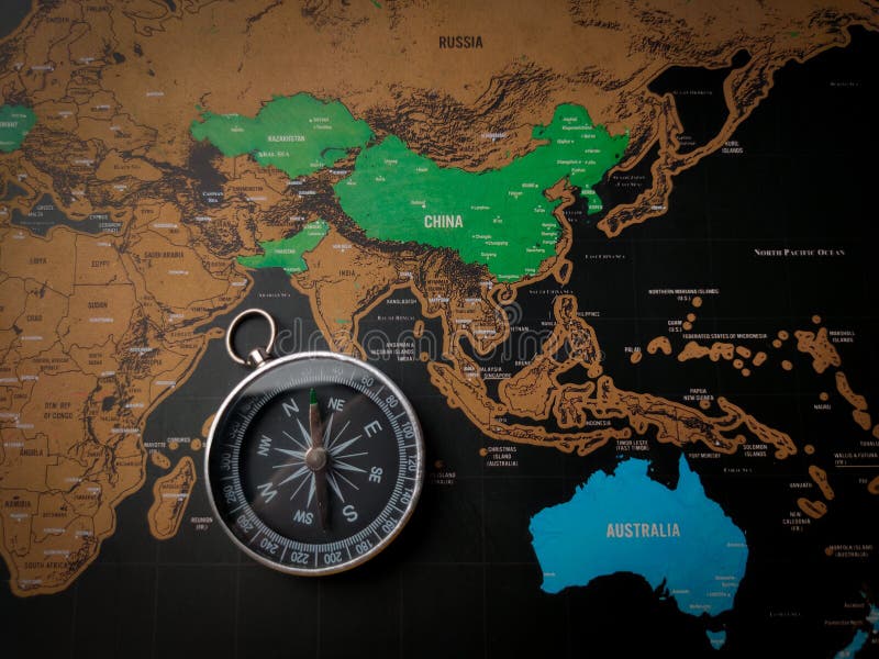 World Map and Compass and Focus To CHINA and AUSTRALIA Map Stock Image ...