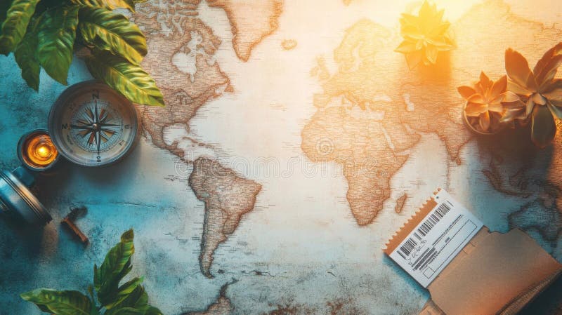 World Map with Compass, Plants, and Package - Embark on a Global ...