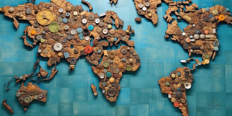 World Map Composed of Colorful Household Objects on a Blue Background ...