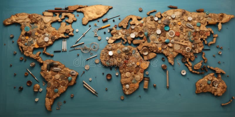 World Map Composed of Colorful Household Objects on a Blue Background ...