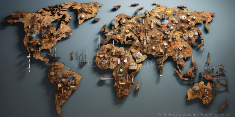 World Map Composed of Colorful Household Objects on a Blue Background ...