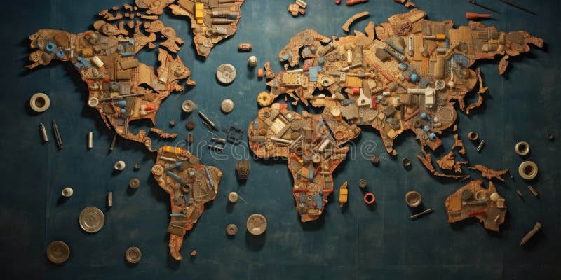 World Map Composed of Colorful Household Objects on a Blue Background ...