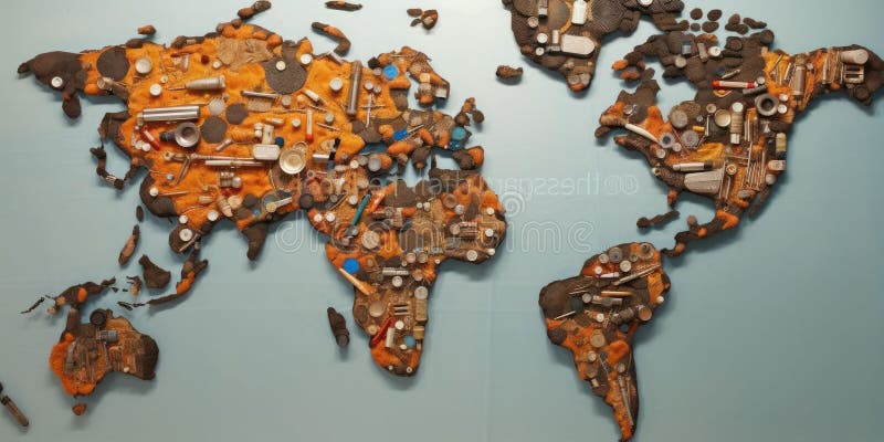 World Map Composed of Colorful Household Objects on a Blue Background ...